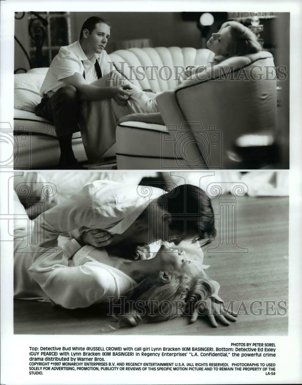 1997 Press Photo Russell Crowe, Guy Pears and Kim Basinger in L.A. Con ...