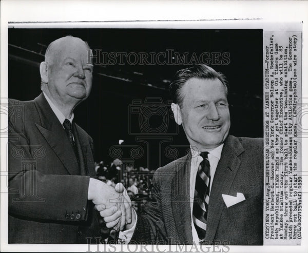 Press Photo Pres.H.C.Hoover and Gov.N.A. Rockefeller Shake Hands at Ya ...