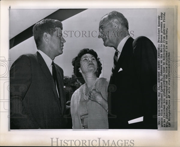 1951 Press Photo President Kennedy greets Vice President Lyndon Johnso ...