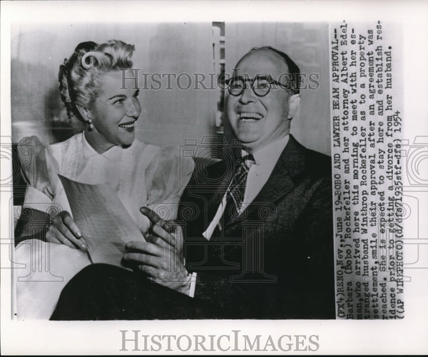 1954 Press Photo Barbara Rockefeller and her lawyer Albert Edelman ...