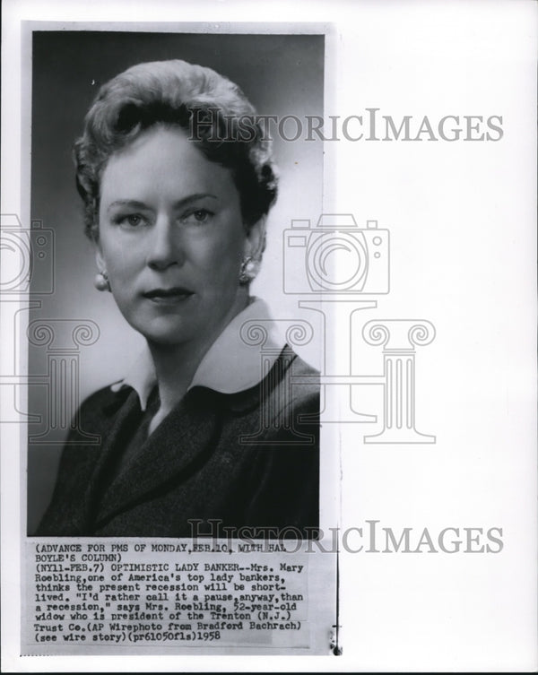 1958 Press Photo Mrs. Mary Roebling, one of America's top lady bankers ...