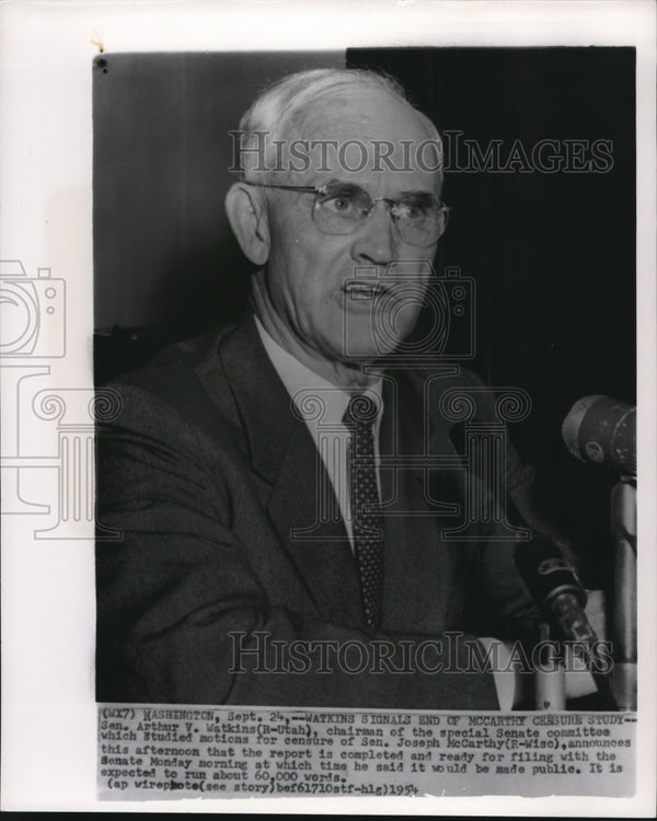 1954 Senator Arthur Watkins chairman of special senate committee ...