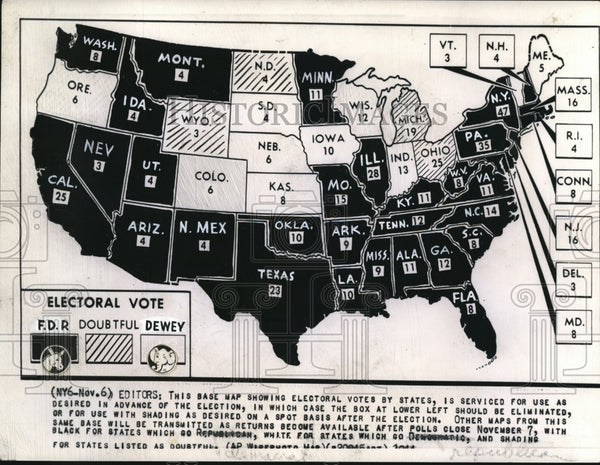 1944 Press Photo This base map showing electoral votes by states, is s ...