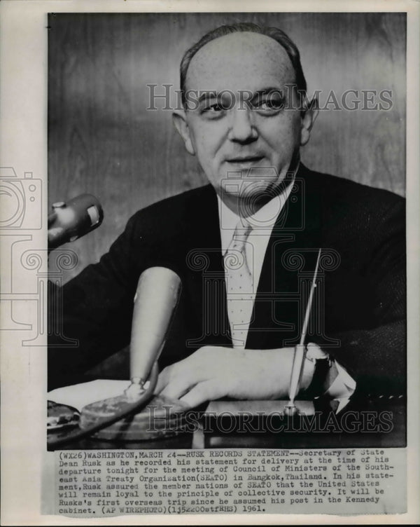 1961 Press Photo Sec of State Dean Rusk recording statement for SEATO ...