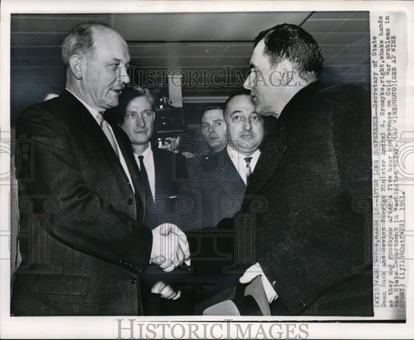 1961 Press Photo Dean Rusk and Andrei A.Gromyko Shake Hands as They Sa ...
