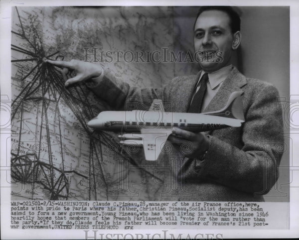 1955 Press Photo Claude C Pineau, 28, manager of the Air France office ...