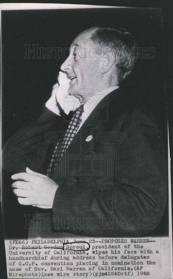 1948 Press Photo Robert Sproul CA University President - Historic Images