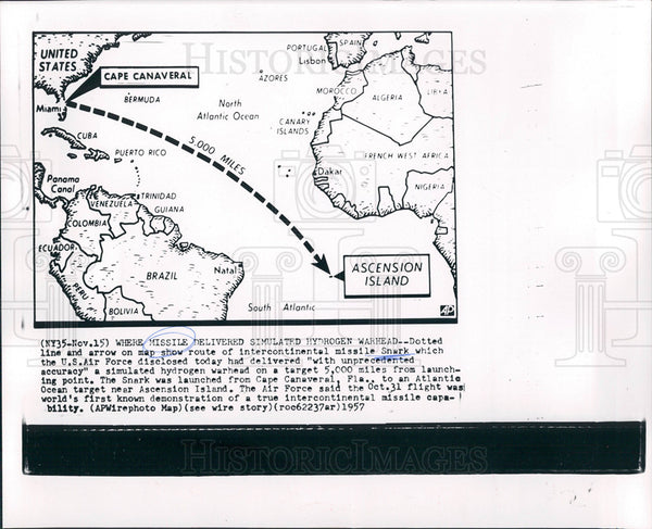 1957 Photo Hydrogen Warhead "Snark's" Launch Route - Historic Images