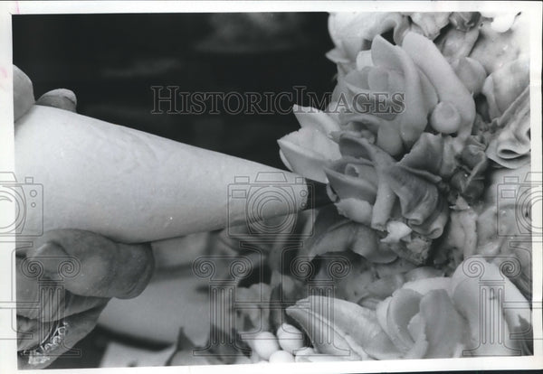 1979 Press Photo Mrs. Stark decorates a cake and insists everything is ...