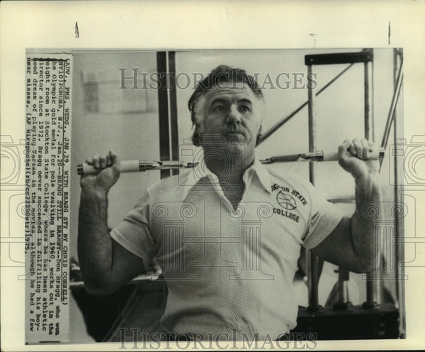 1975 Olympic gold medalist, Don Bragg works out in the weight room ...