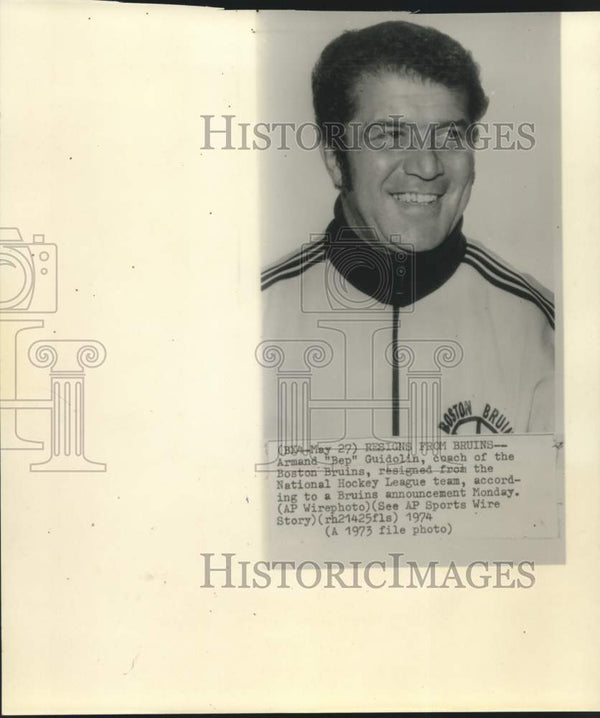 1973 Press Photo Armand "Bep" Guidolin, coach of the Boston Bruins hoc ...