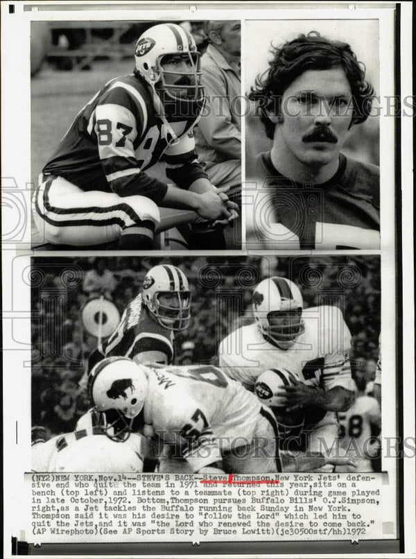 1972 Press Photo Jets football player Steve Thompson, on the bench and ...