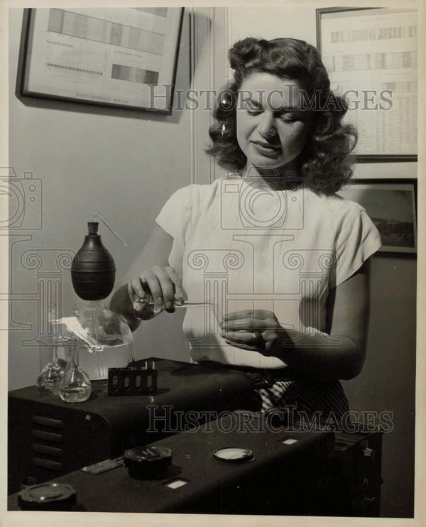 Press Photo Miss Fields, micro-chemist for General Electric Company ...