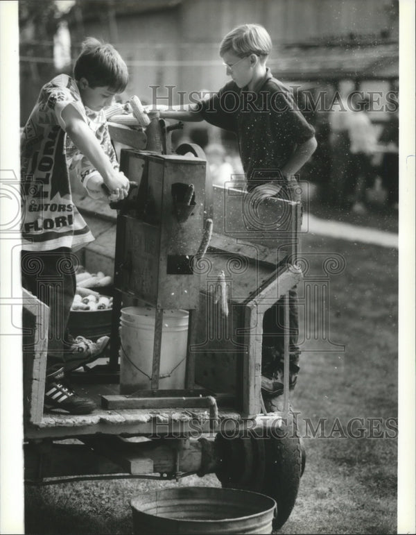 1994 Andy Stephan and Steve Lalk of Germantown shell corn - Historic Images