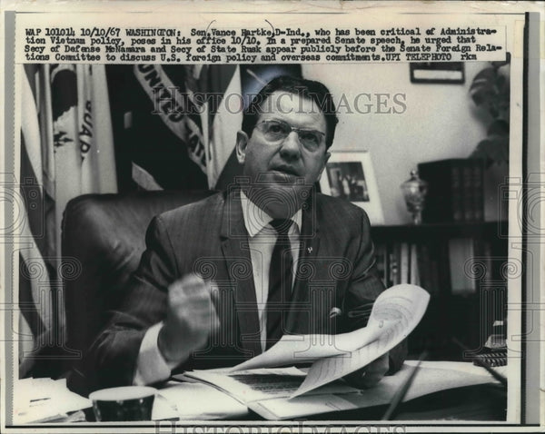 1967 Vance Hartke in his office in Washington, talks Vietnam policy ...