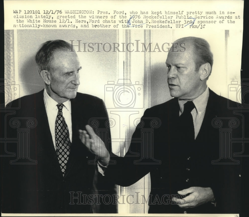 1976, President Ford chats with John Rockefeller 3rd at White House ...