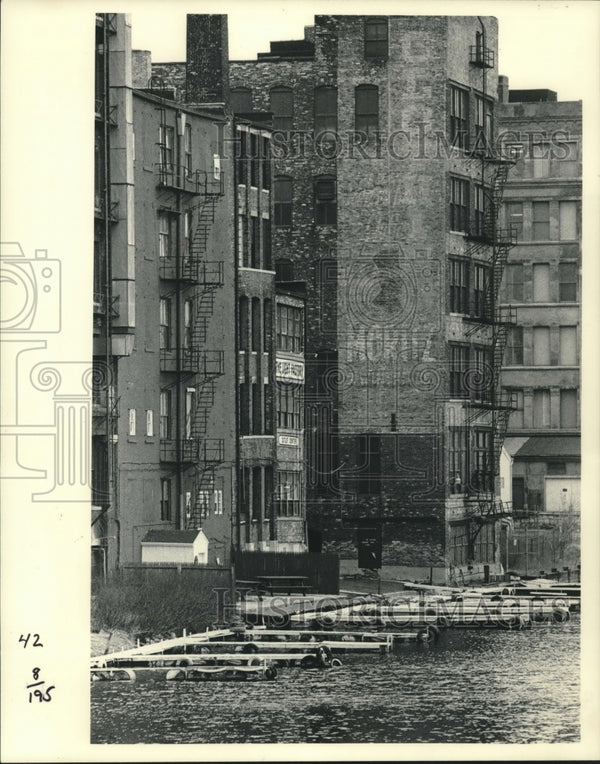 1984, Downtown buildings along Milwaukee River, Third Ward, Milwaukee ...
