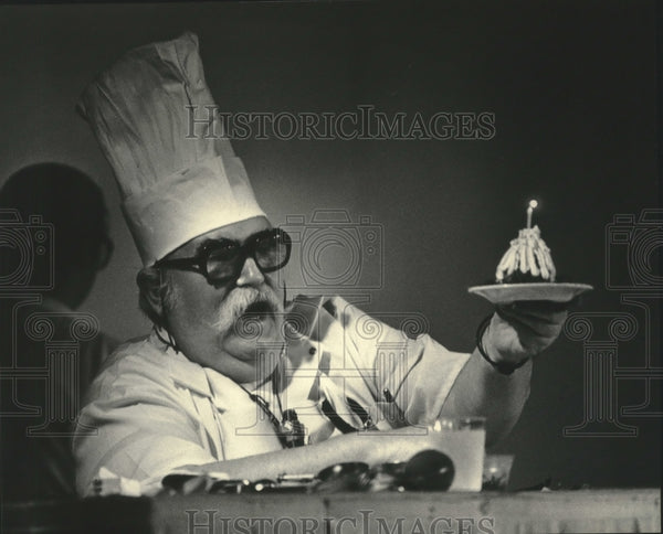 1984 Chef Louis Szathmary pear dessert during his demonstration ...
