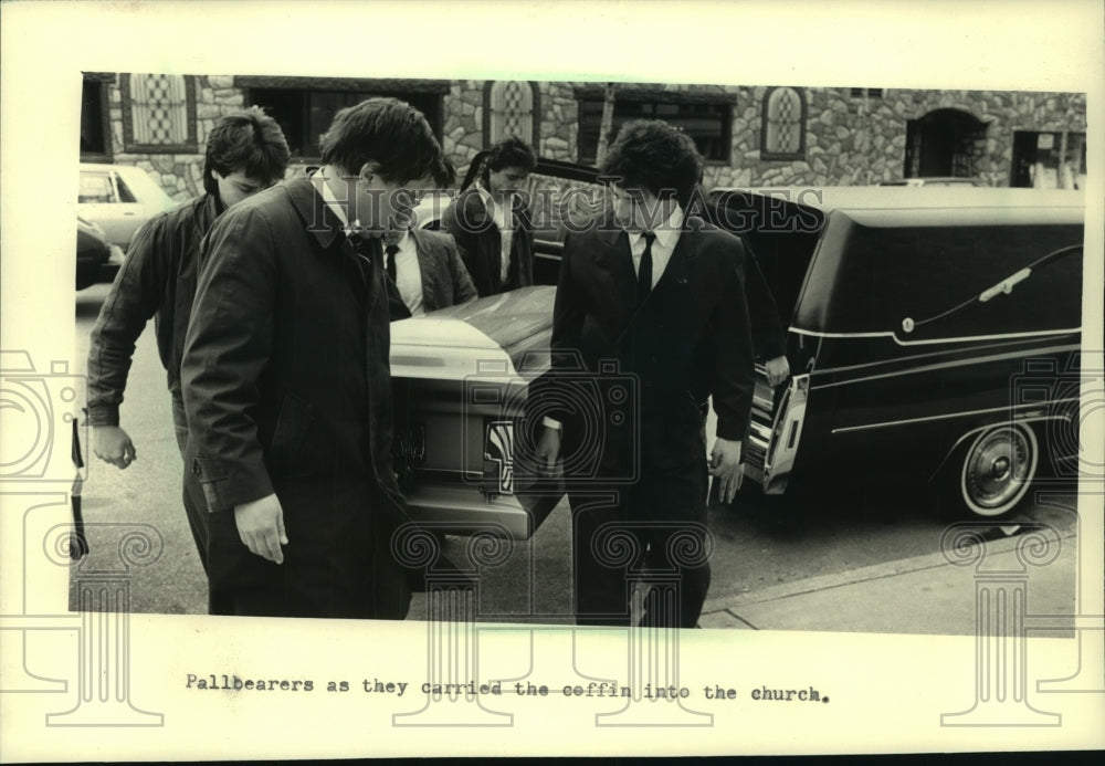 1987, Pallbearers carry coffin of Todd Stima in Milwaukee, Wisconsin ...