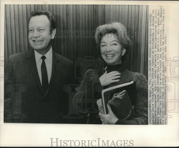 1968, Jesse Unruh and Justine Rierdan at news conference Sacramento ...