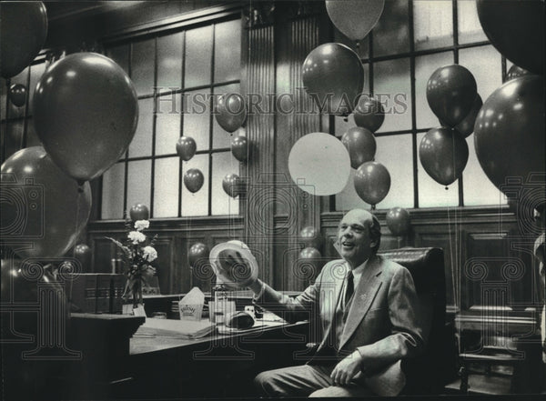1983, Judge William Shaughnessy in his courtroom with balloons ...