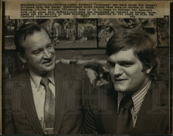 1973 Press Photo Cardinals' Head Coach Don Coryell with Dave Butz, St ...