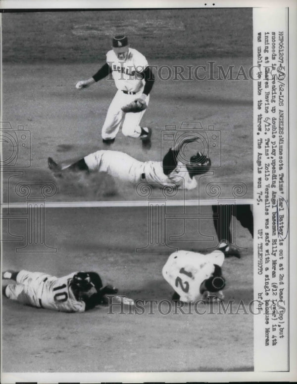 1962 Press Photo Earl Battey, out at 2nd, upends Billy Moran, 12 ...