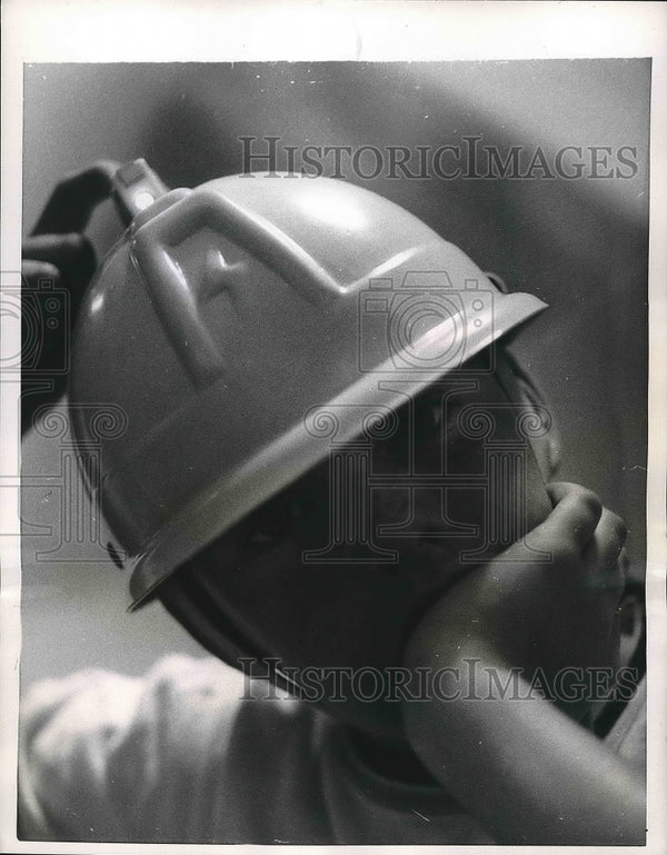 1956 Press Photo A young boy wearing a coal miners helmet - nea69127 ...