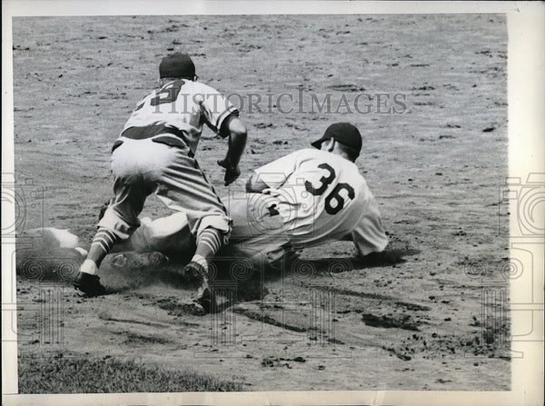 1946 Press Photo Ed Stevens Dodgers Out At 2nd By Skeeter Newsome Phil ...