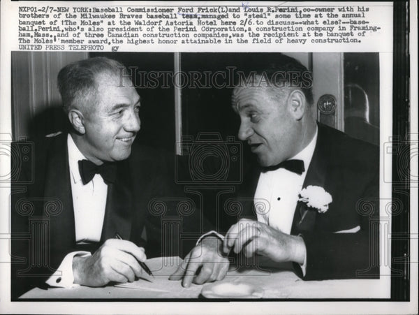 1957 Press Photo Baseball Comm. Ford Frick and Louis Perini of Milwauk ...