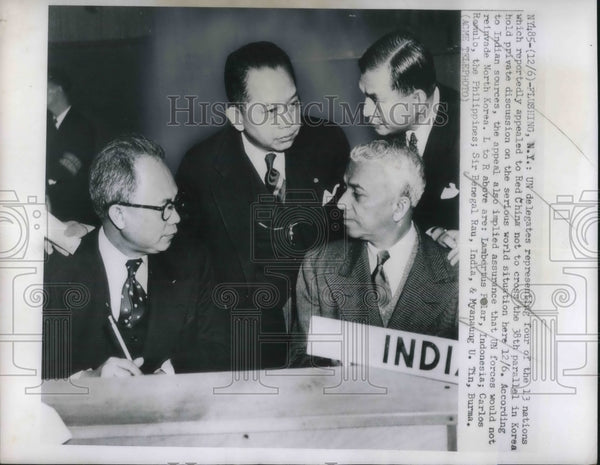 1950 Press Photo UN Delegates Lambertus POlar, Carlos Romula, Sir Bene ...