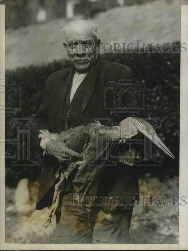 1925 James Glover & stork he caught in his chicken yard - Historic Images