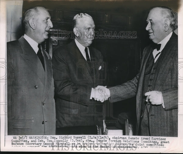 1951 Press Photo Sen. Richard Russell & Sen. Tom Connally Greet George ...