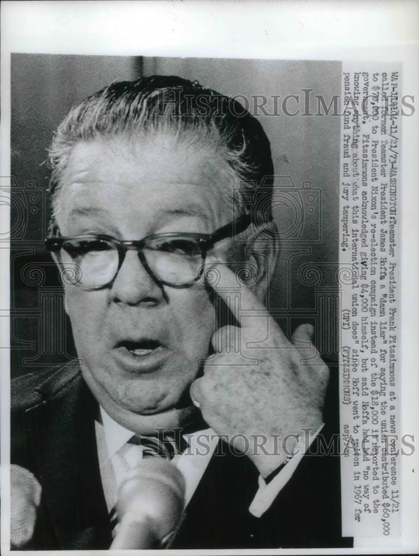 1973 Teamster President Frank Fitzsimmons at news conference ...