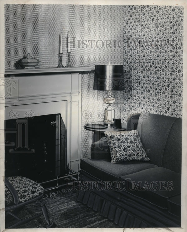 1958 Press Photo interior view of a living room and fireplace - nec642 ...