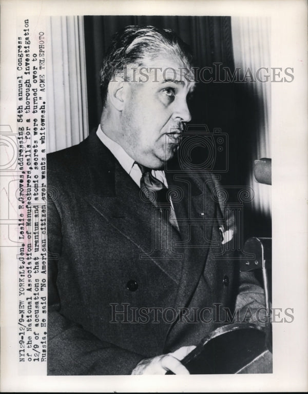 1949 Press Photo Lt. Gen. Leslie R. Groves, addressing 54th annual Con ...