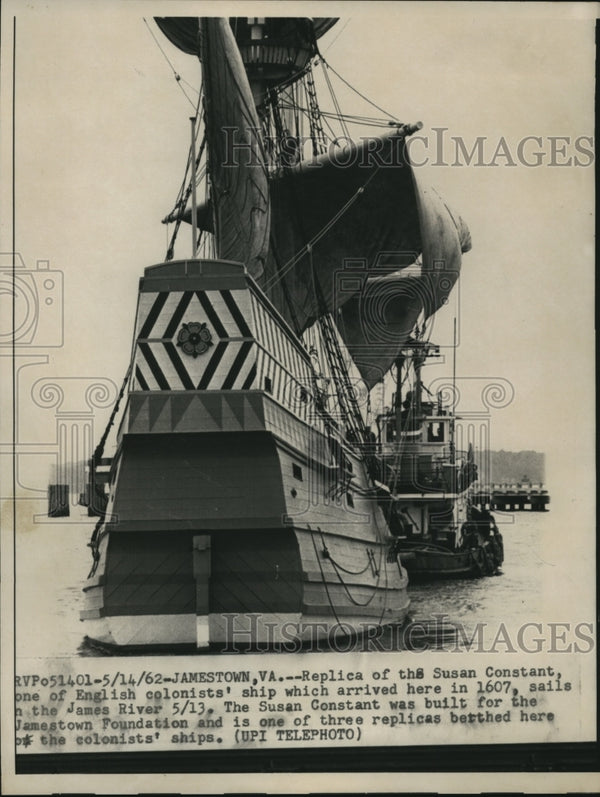 1962 Press Photo Susan Constant English Colonist Ship Replica, Jamesto ...