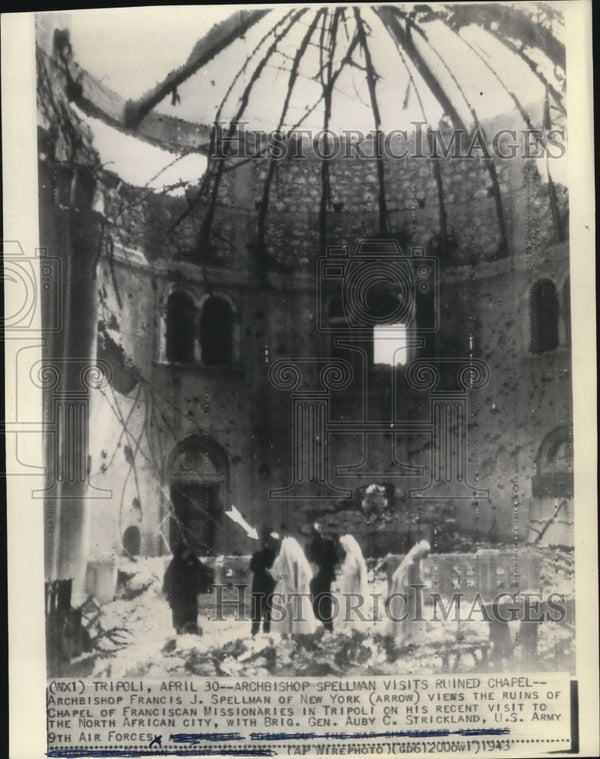 1943 Press Photo Archbishop Francis J. Spellman visits ruined chapel ...