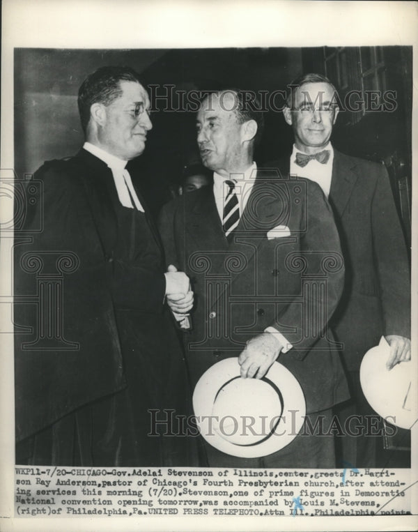 1952 Press Photo Governor Adelai Stevenson greets Pastor Harrison Ray ...