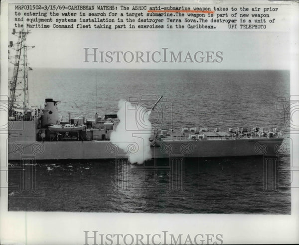 1969 Press Photo The ASROC anti sub weapon launched by destroyer Terra ...