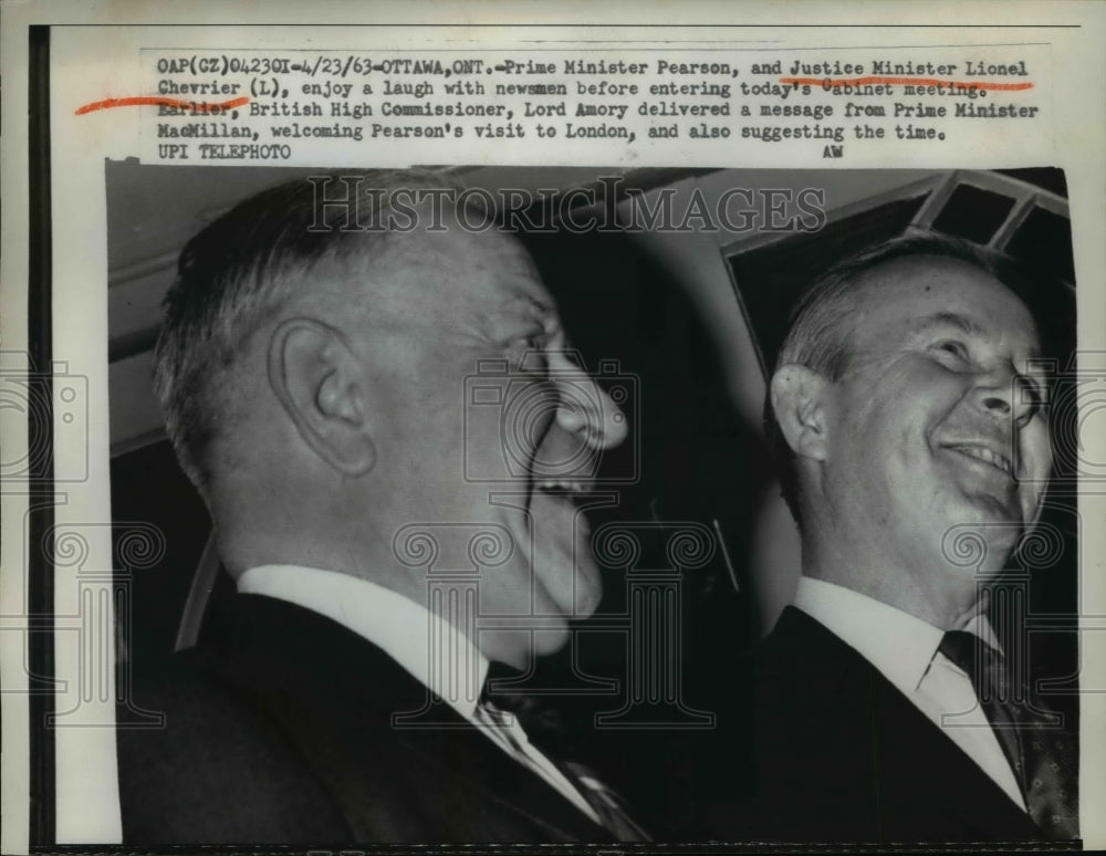 1963 Press Photo Pearson, Chevrier enjoy a laugh with newsmen ...