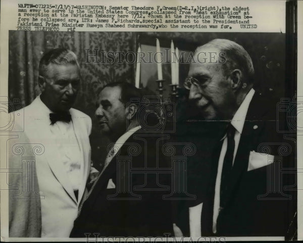 1957 Press Photo Theodore F. Green before collapsing at a reception ...