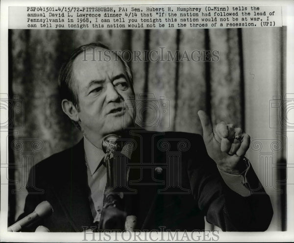 1972 Press Photo Senator Hubert Humphrey at Annual David L. Lawrence D ...