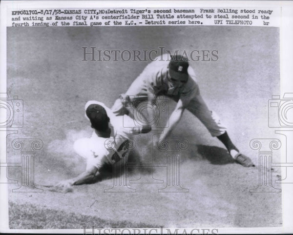 1958 Press Photo Tiger Frank Bolling vs KC As Bill Tuttle at 2nd base ...