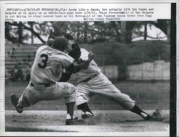 1957 Press Photo Chico Fernandez of Dodgers Out on Steal, Yankees Gil ...