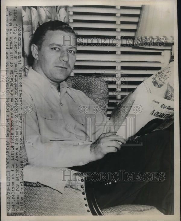 1948 Press Photo Ed Lopat Reads of His Trade From White Sox to Yankees ...