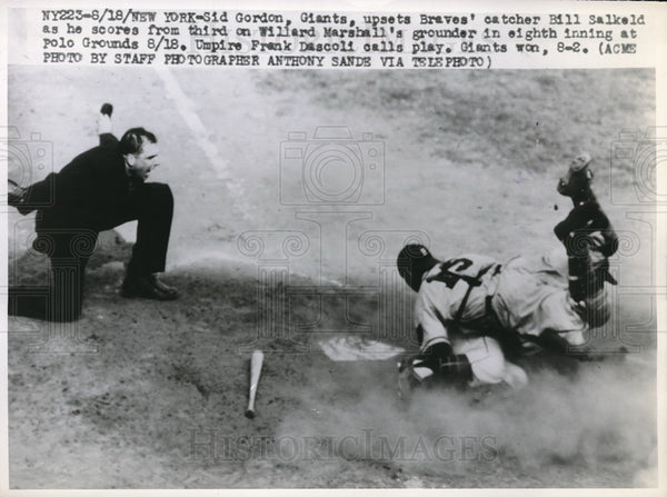 1948 Press Photo Giants Sid Gordon scores vs Braves catcher Bill Salke ...