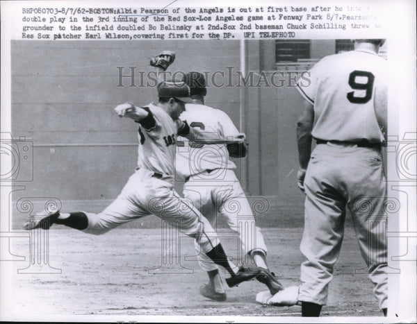 1962 Albie Pearson of the Angles, out on 1st base after double play ...