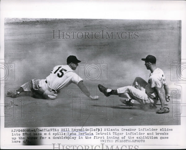 1955 Press Photo Bill Reynolds of Atlanta Slides Breaks Throw Tiger Re ...