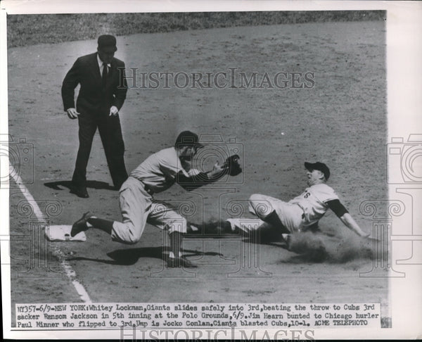 1951 Press Photo Cubs Ransom Jackson vs Giants Whitey Lockman slide to ...